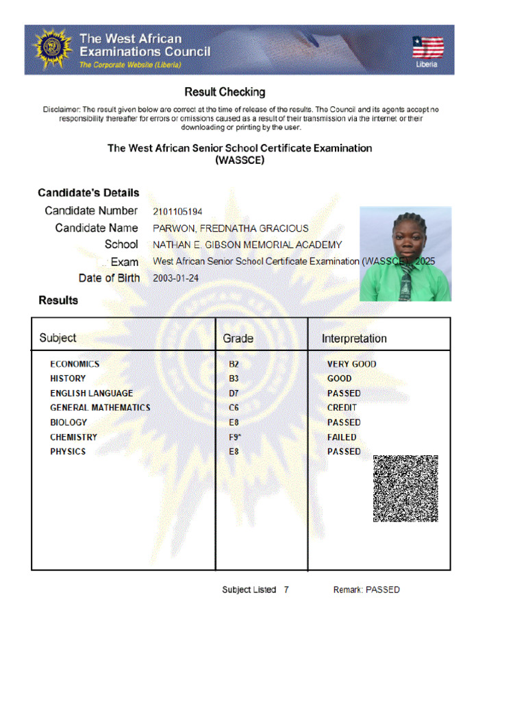 Frednathan Gracious Parwon WASSCE Online Results 2025 - Nathan E. Gibson Memorial Academy School ...