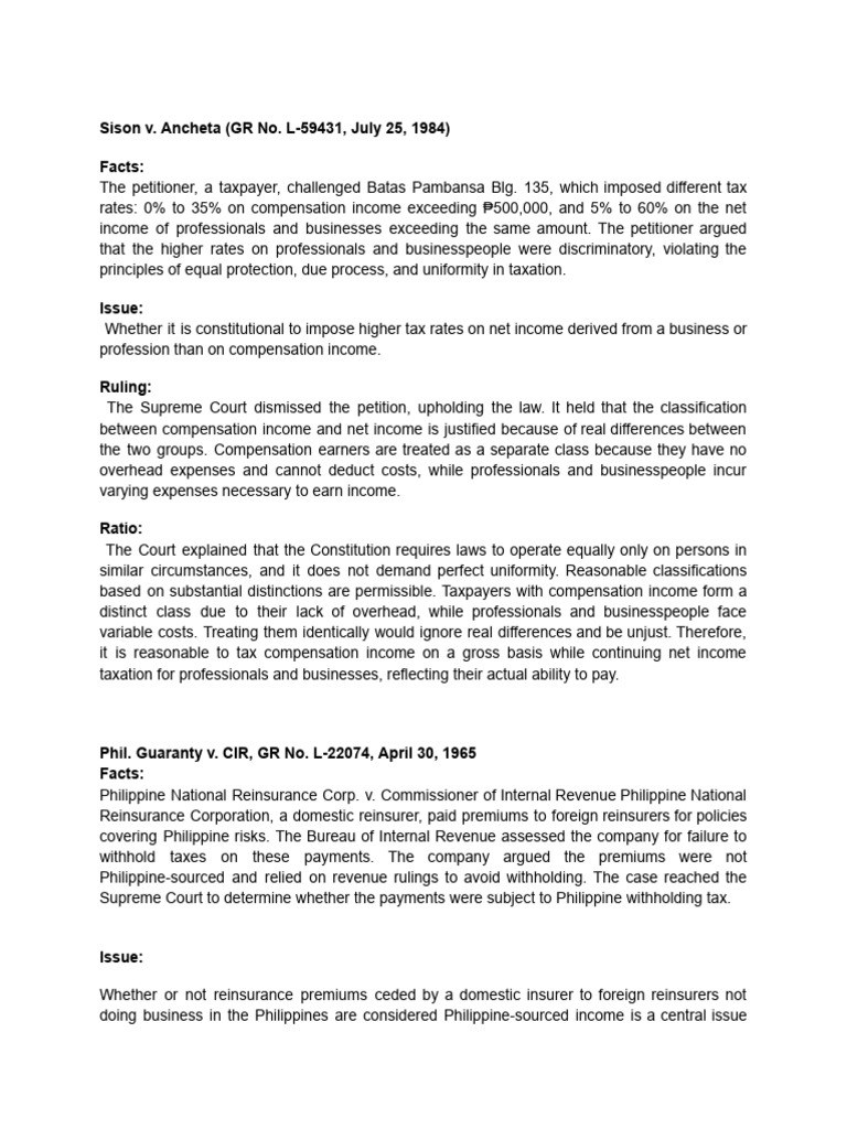 Jacutin, JC Emmanuel - Tax Digests | PDF | Taxes | Reinsurance