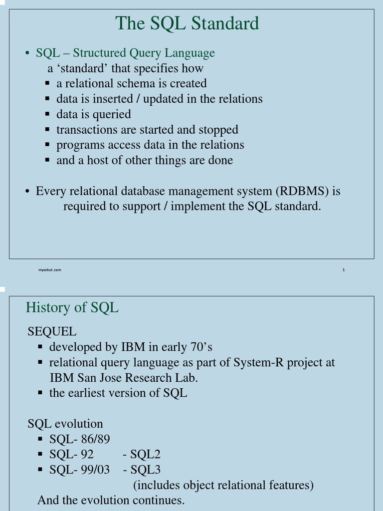 The SQL Standard: - SQL - Structured Query Language | PDF | Sql | Relational Database