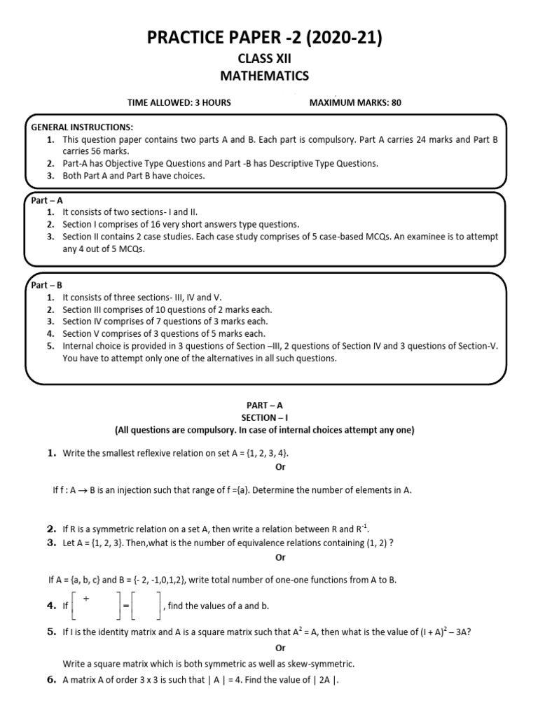 Class XII Mathematics Practice Paper 2020-21 | PDF | Length | Cartesian ...