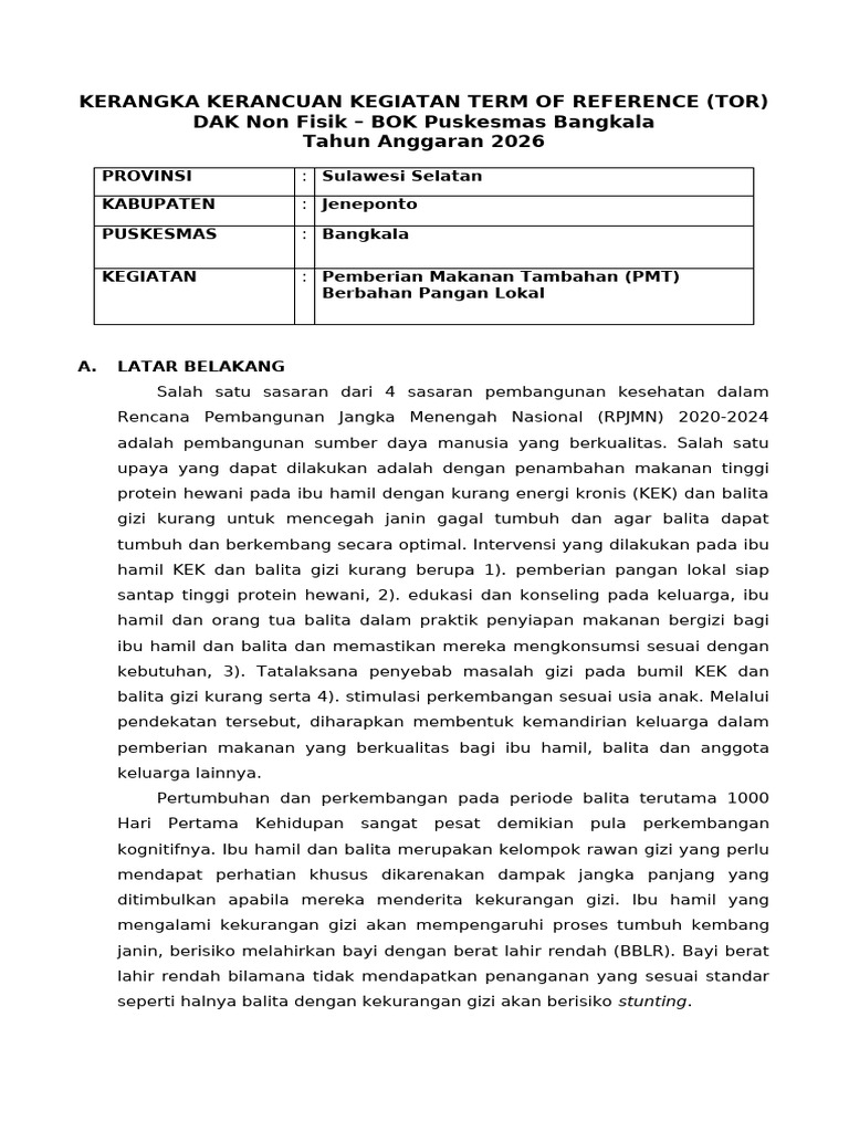 Tor Pembekalan PMT Lokal PKM Bangkala 2025 | PDF