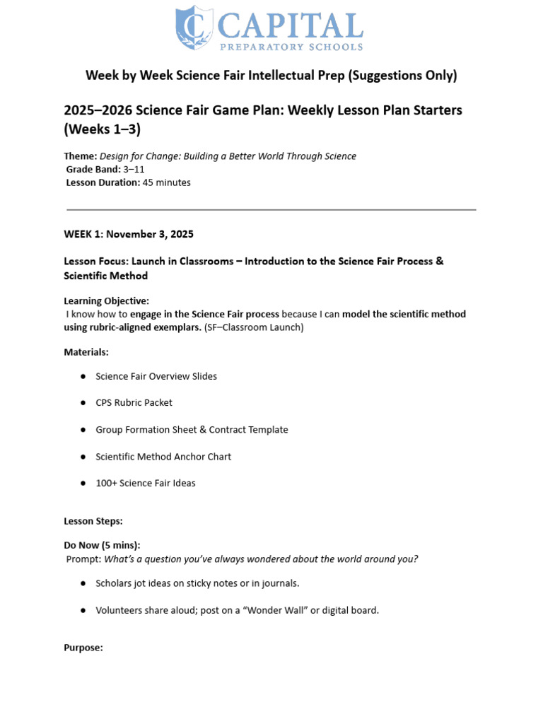 2025-2026 Science Fair Game Plan Weekly Lesson Plan Starters | PDF ...