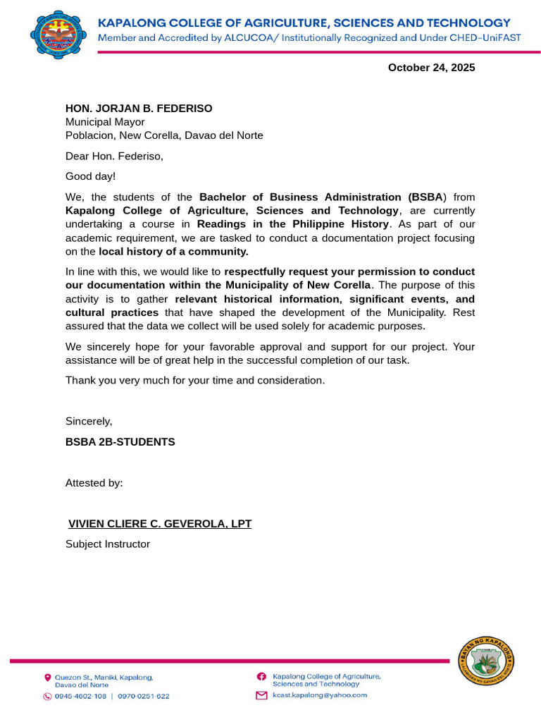 Letter For Approval To Municipal Mayor V2 | PDF