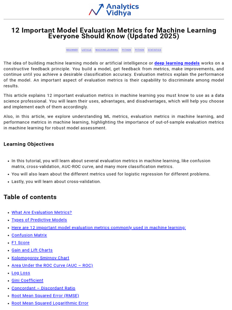 12 Key Machine Learning Evaluation Metrics | PDF | Receiver Operating ...