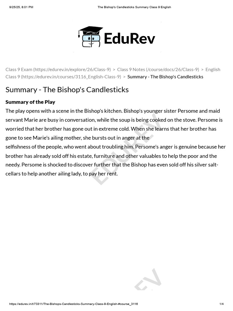 The Bishop's Candlesticks Summary Class 9 English | PDF