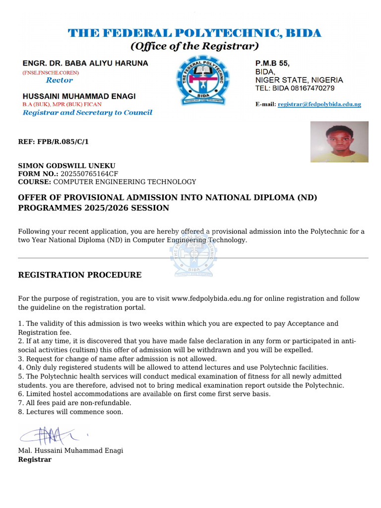 Simon Godswill Uneku Adm Letter | PDF