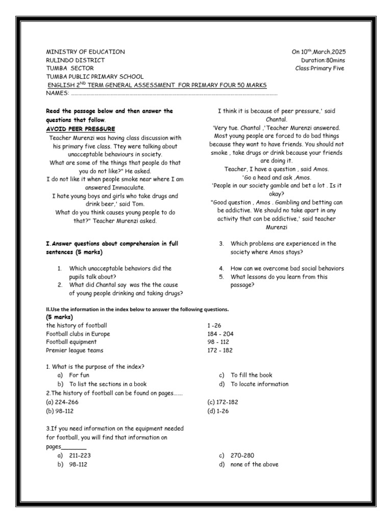 p5 English G Assessment 50 Marks | PDF