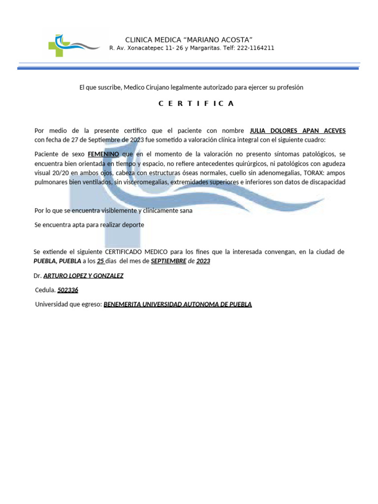 Certificado Medico | PDF