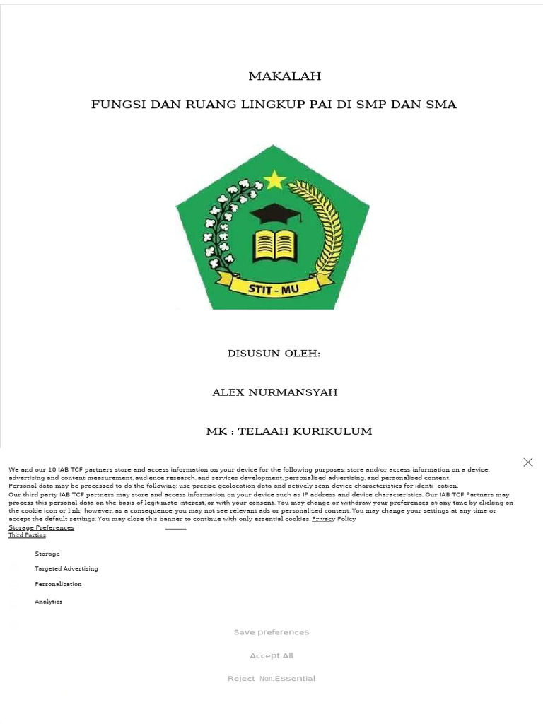 Makalah Fungsi Dan Ruang Lingkup Pai Di SMP Dan Sma: Disusun Oleh | PDF ...
