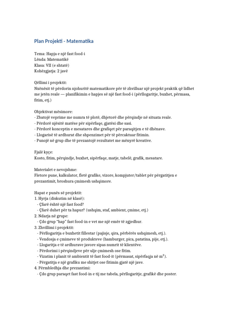 Plan Projekti Hapja e FastFood | PDF