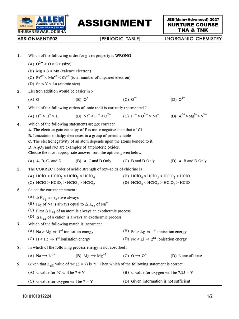 Assign-03 - JEE-IOC-Periodic Table - TNA - SC | PDF | Chlorine | Ionization