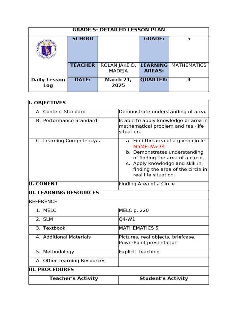 Area of A Circle-LP-Math 5 | PDF | Area | Circle