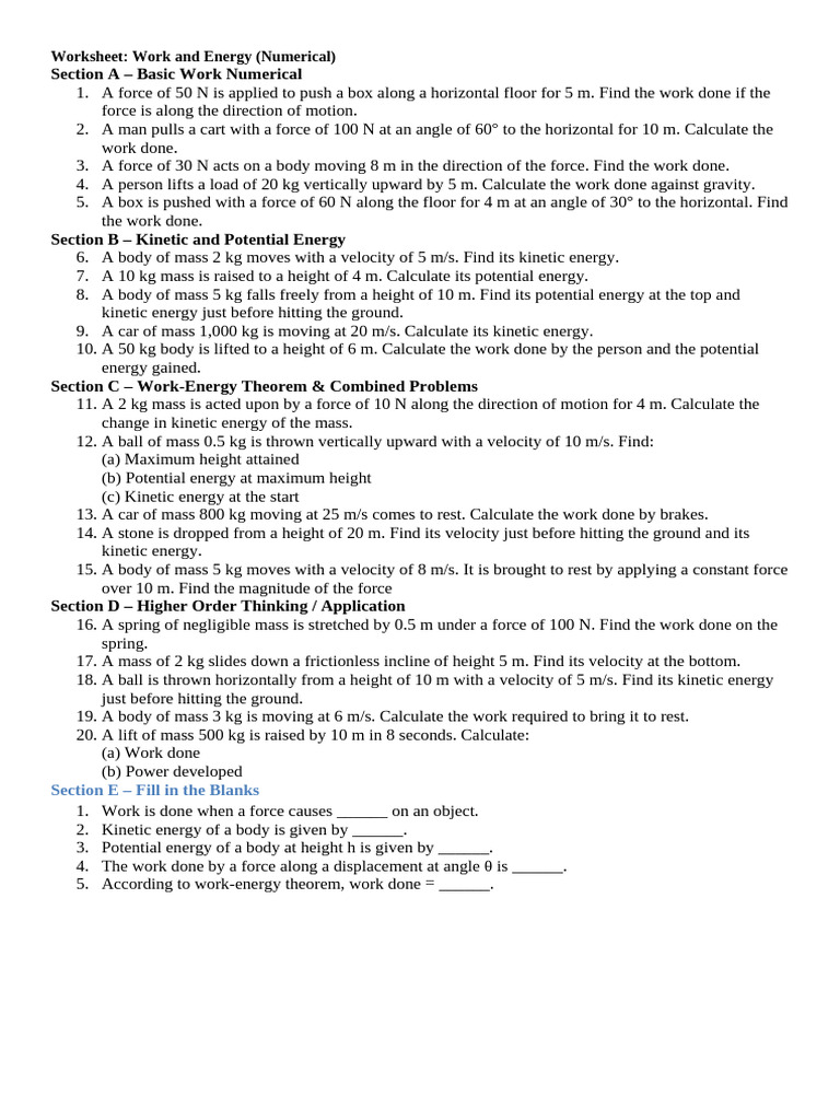 Worksheet Work and Energy (Numericals) | PDF | Force | Potential Energy