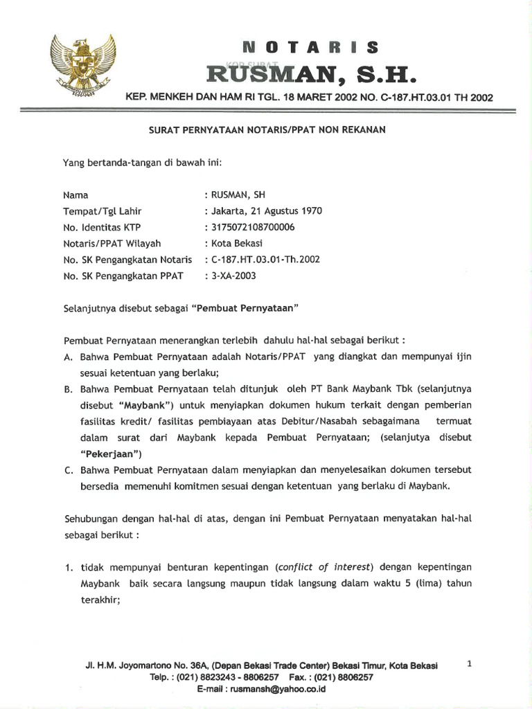 Surat Pernyataan Notaris&PPAT Rusman (Untuk Maybank) | PDF