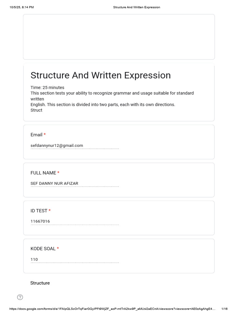 Structure and Written Expression Test | PDF