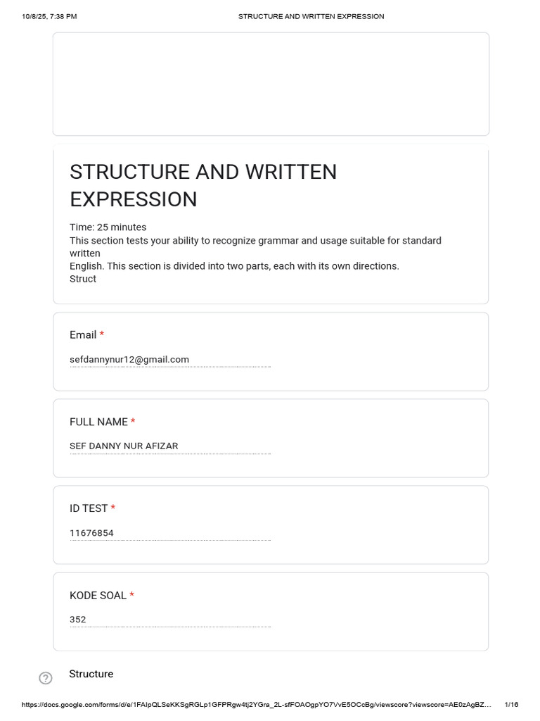 Structure and Written Expression Test | PDF