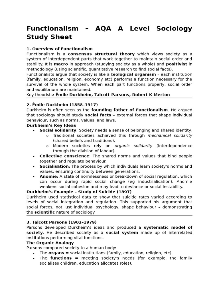 AQA A Level Sociology: Functionalism Guide | PDF | Émile Durkheim ...