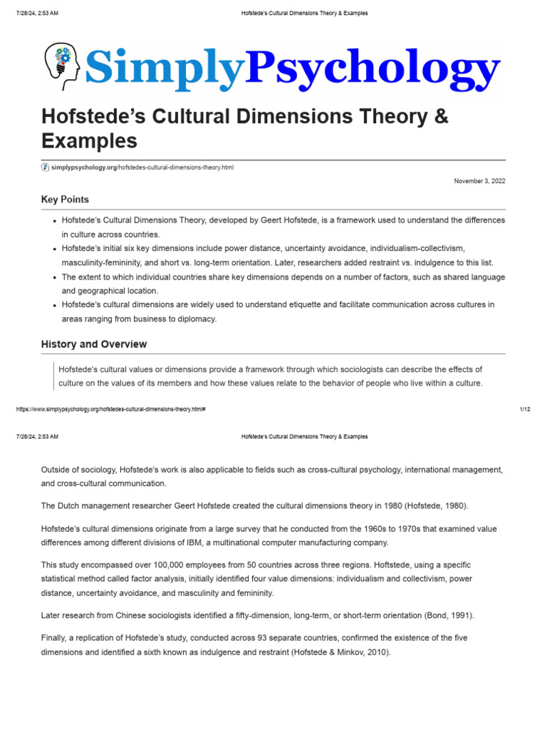 Hofstede's Cultural Dimensions Theory & Examples | PDF | Psychology ...