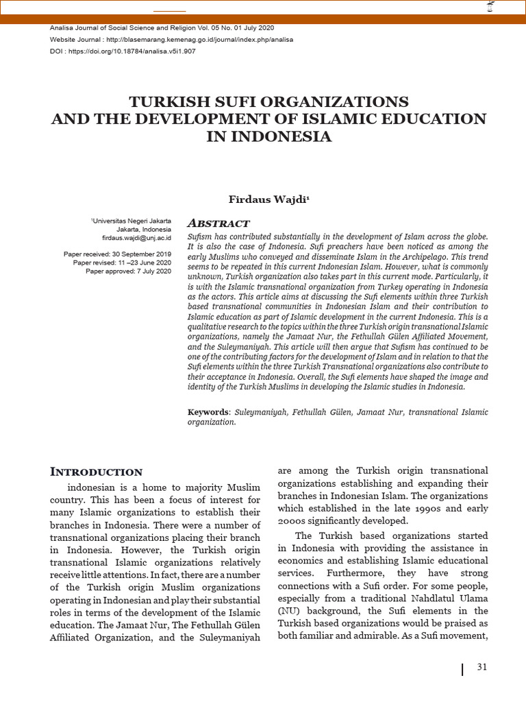 Turkish Sufi Organizations and The Development of Islamic Education in ...