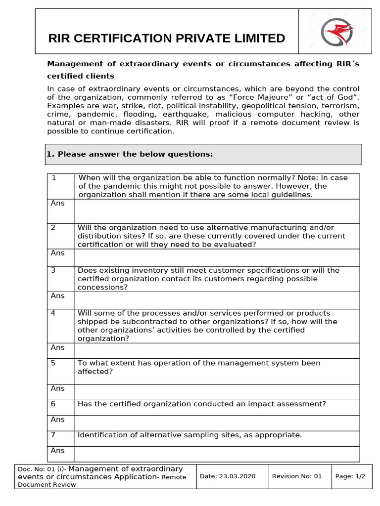 RIR Certification: Force Majeure Protocols | PDF