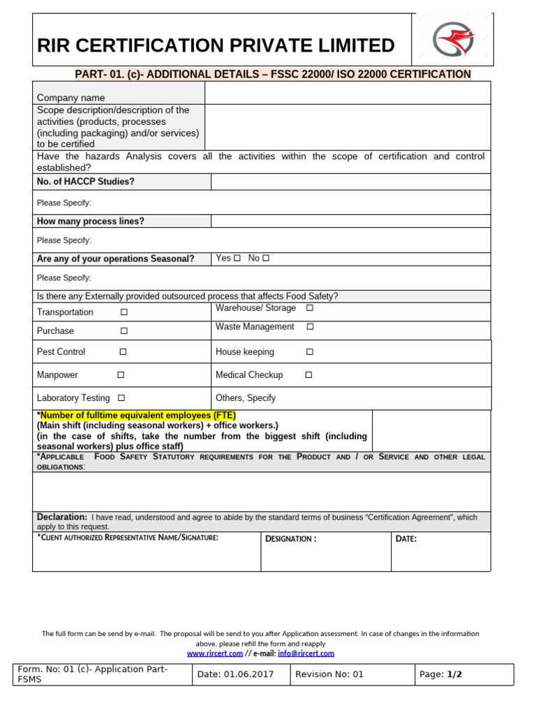 FSSC 22000/ISO 22000 Certification Application | PDF