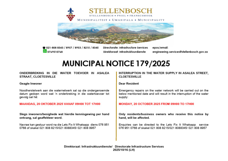 Water Supply Interruption Notice - Cloetesville | PDF