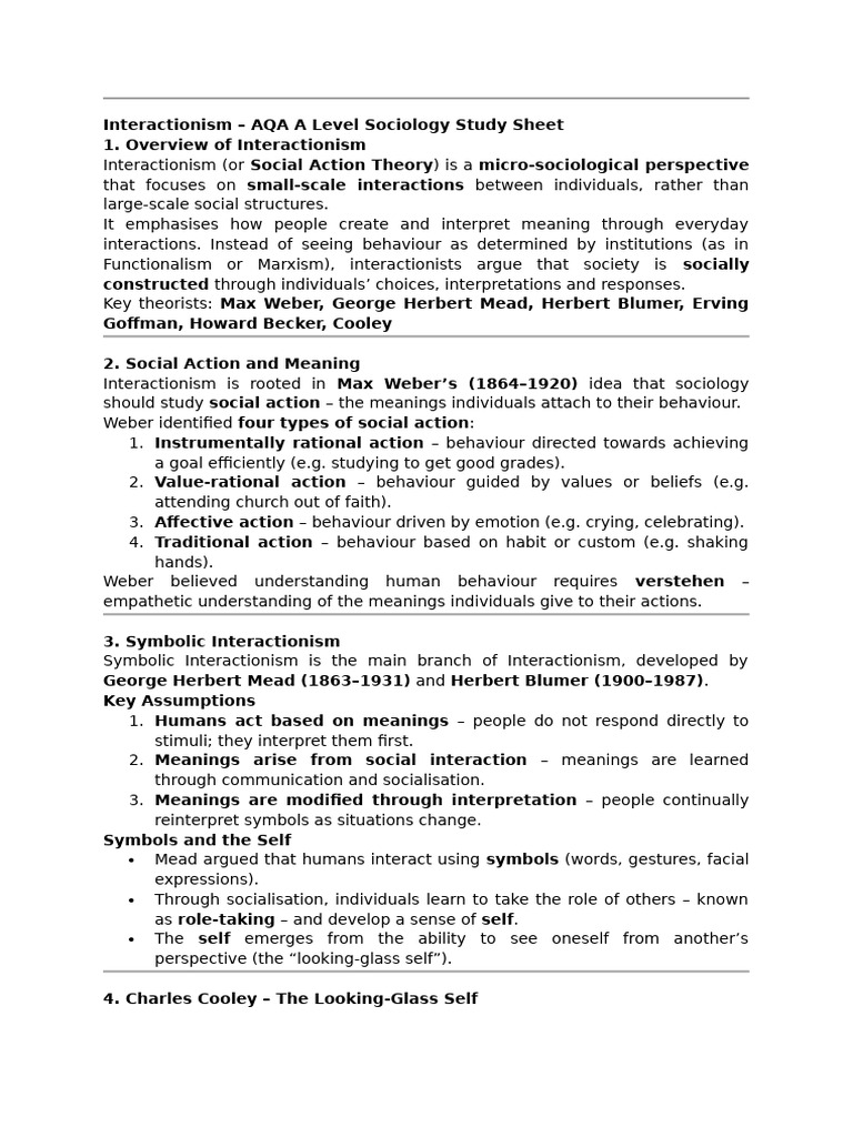 Interactionism AQA Sociology Summary Sheet | PDF | Deviance (Sociology ...