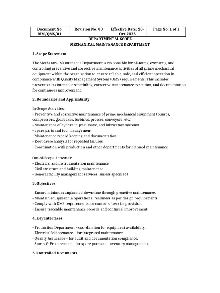 Mechanical Maintenance Department Scope | PDF