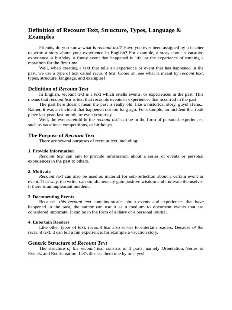 Understanding Recount Text in English | PDF | Grammatical Tense ...