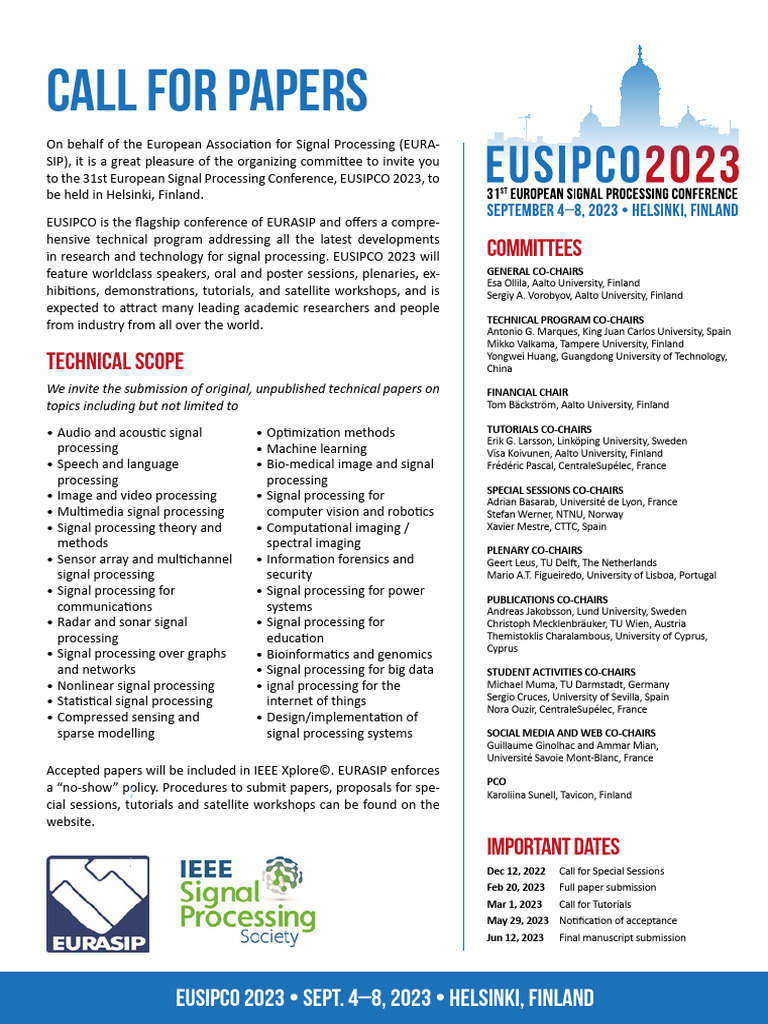 Call For Papers EUSIPCO2023 | PDF | Applied Mathematics | Communication