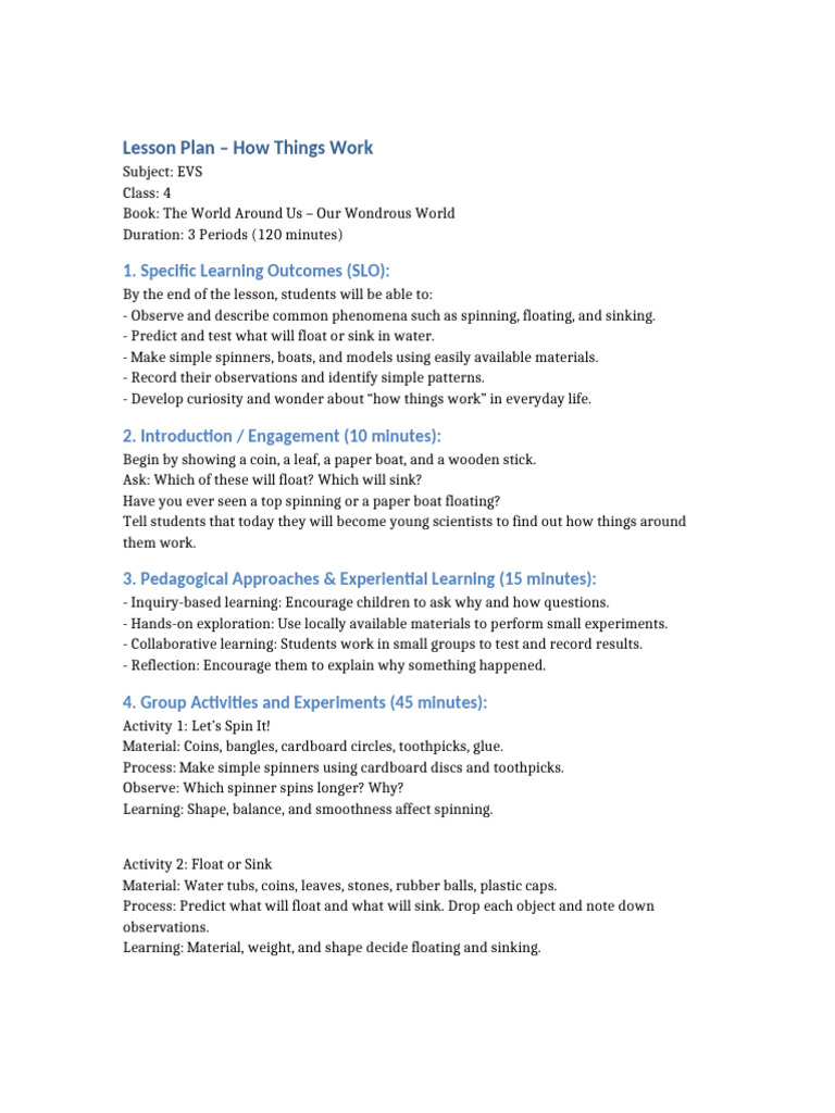 Lesson Plan How Things Work Class4 | PDF | Inquiry Based Learning ...