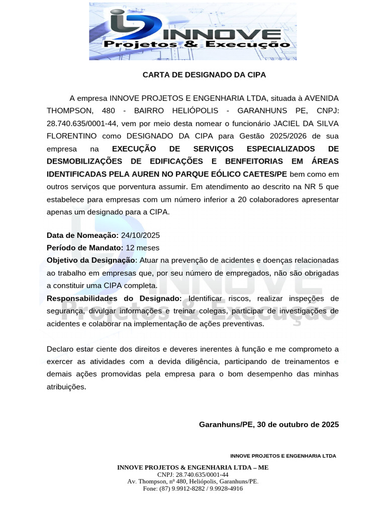 Nomeação de Designado da CIPA | PDF