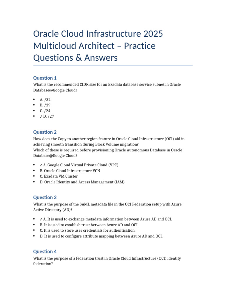 OCI Multicloud Architect Practice Questions | PDF | Cloud Computing | Microsoft Azure