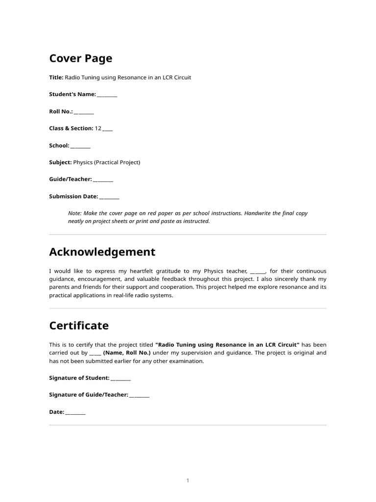 Radio Tuning Using Resonance in An LCR Circuit - Isc Class 12 Project | PDF | Resonance ...
