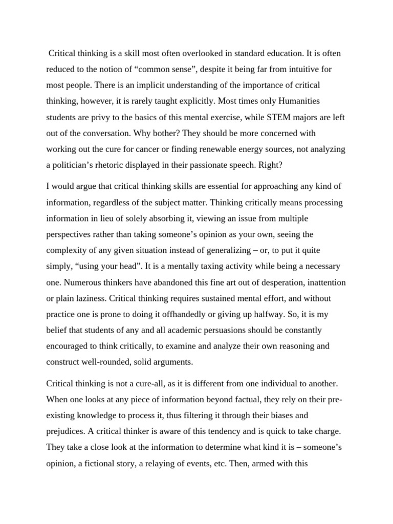 Critical Thinking Essay Draft | PDF | Critical Thinking | Thought