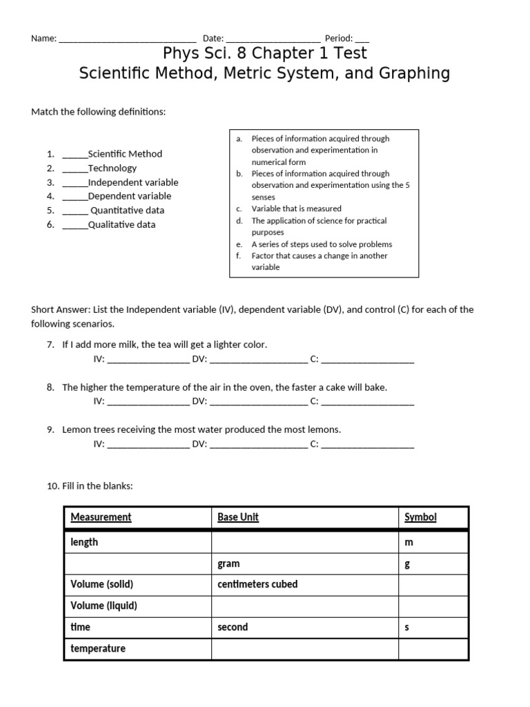 Phys Sci 8 Chapter 1 Test Guide | PDF | Litre | Quantity