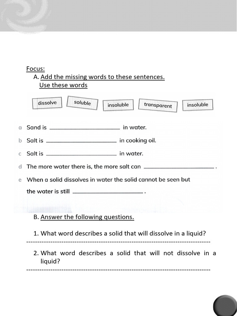 Cambridge Primary Science: Dissolving Worksheet | PDF