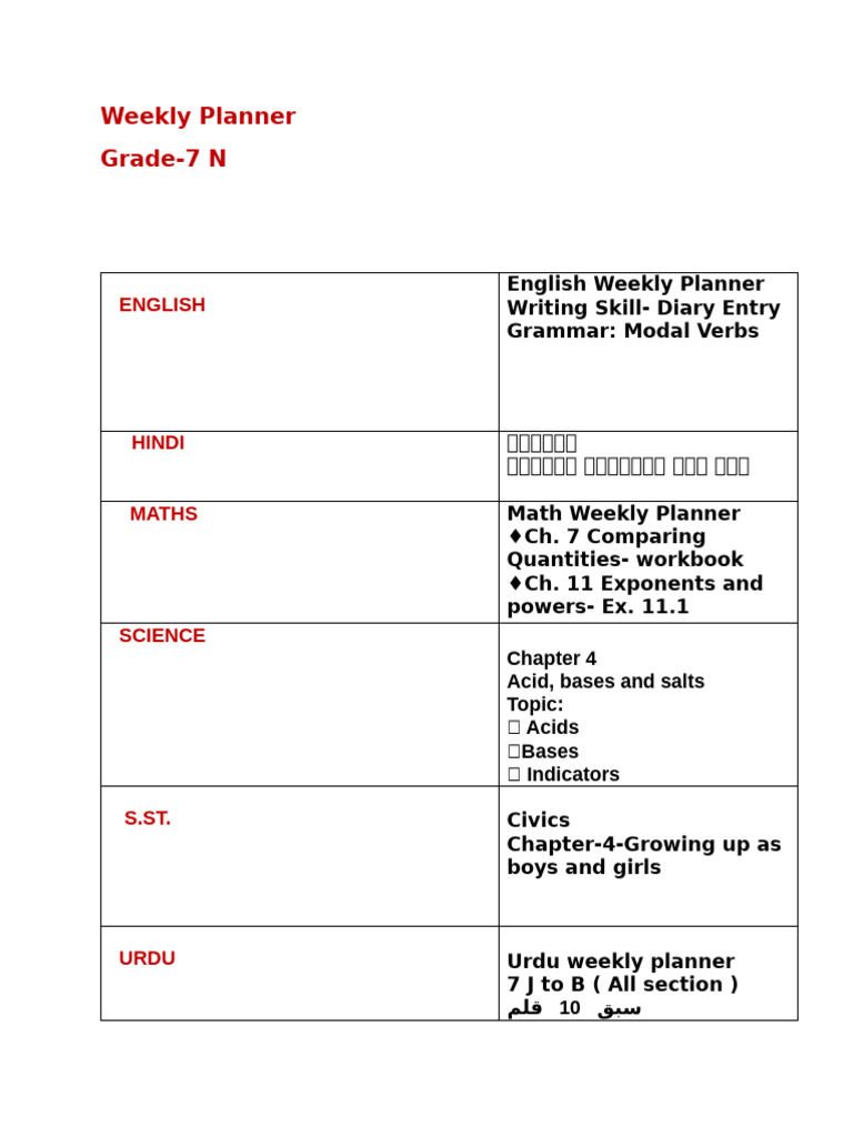 Grade 7 Weekly Planner Overview | PDF