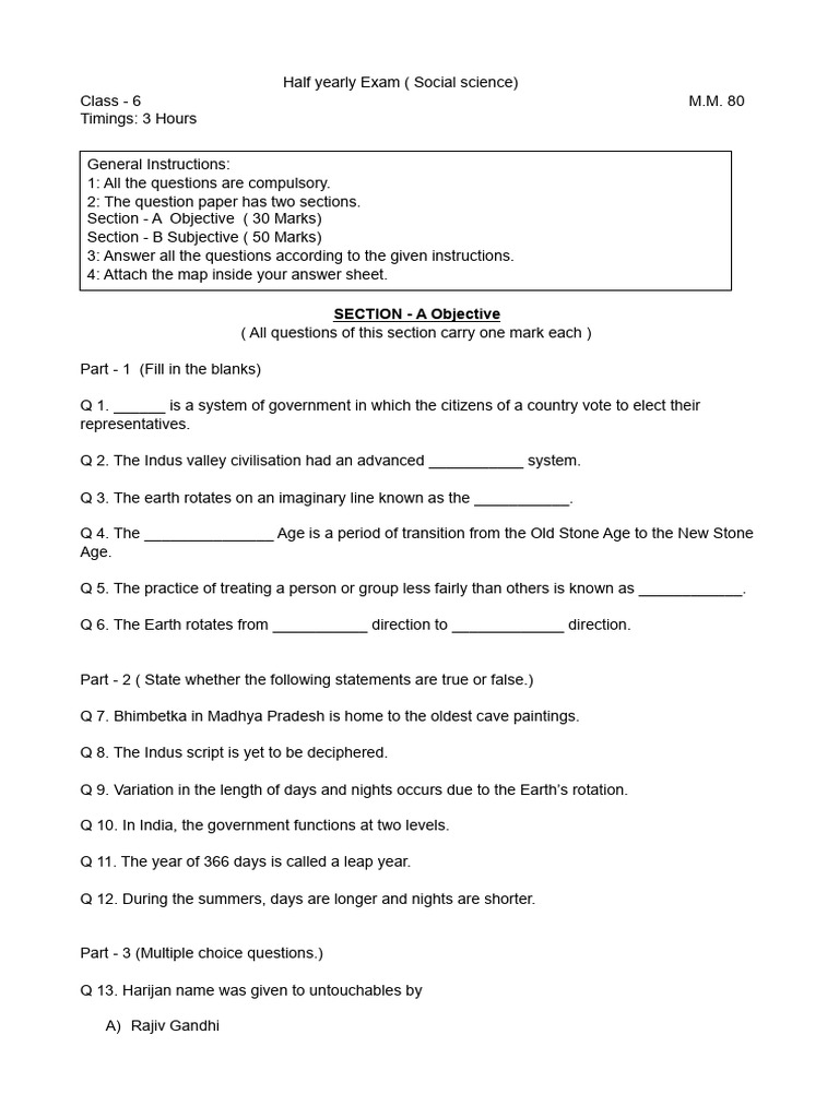 SST Class-6 Half Yearly Paper | PDF | Tropics | Equator