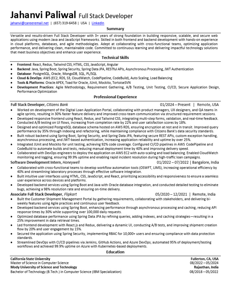 Jahanvi Paliwal - Full Stack Developer | PDF | Databases | Postgre Sql