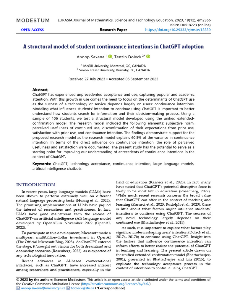 A Structural Model of Student Continuance Intentions in Chatgpt ...