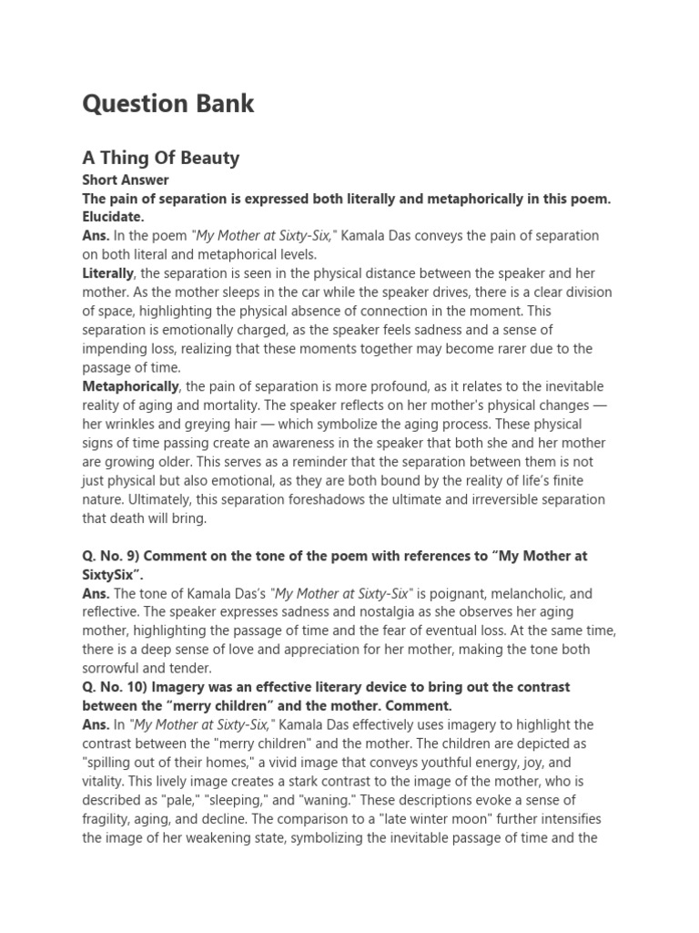 Question Bank All Poem 12th | PDF | Beauty | Aesthetics