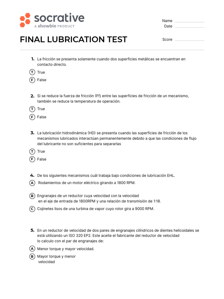 Quiz_final Lubrication Test | PDF | Rodamiento (Mecánico) | Ingeniería ...