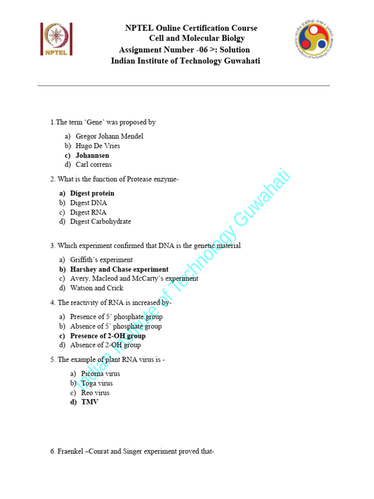 Week 6 Assignment Solution - NOC25 BT57 | PDF | Dna | Genetics