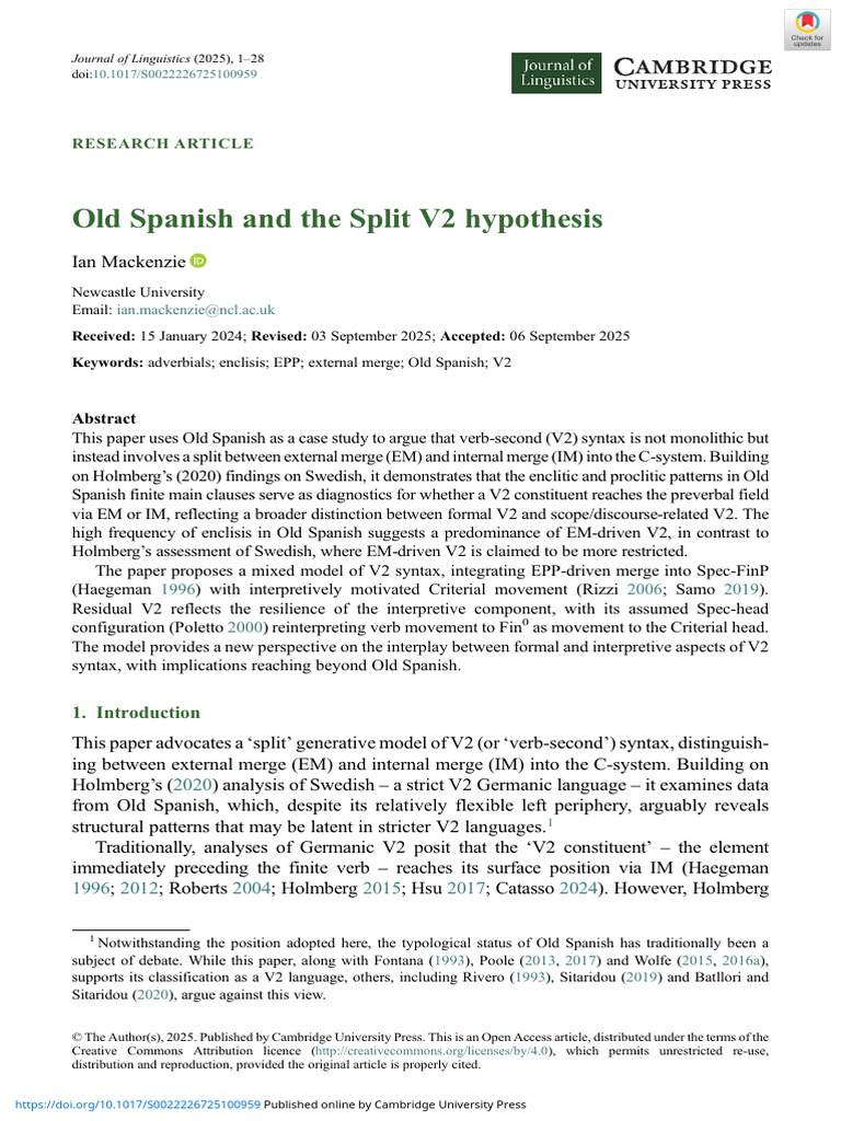 Old Spanish V2 Syntax and Enclisis Analysis | PDF | Subject (Grammar ...