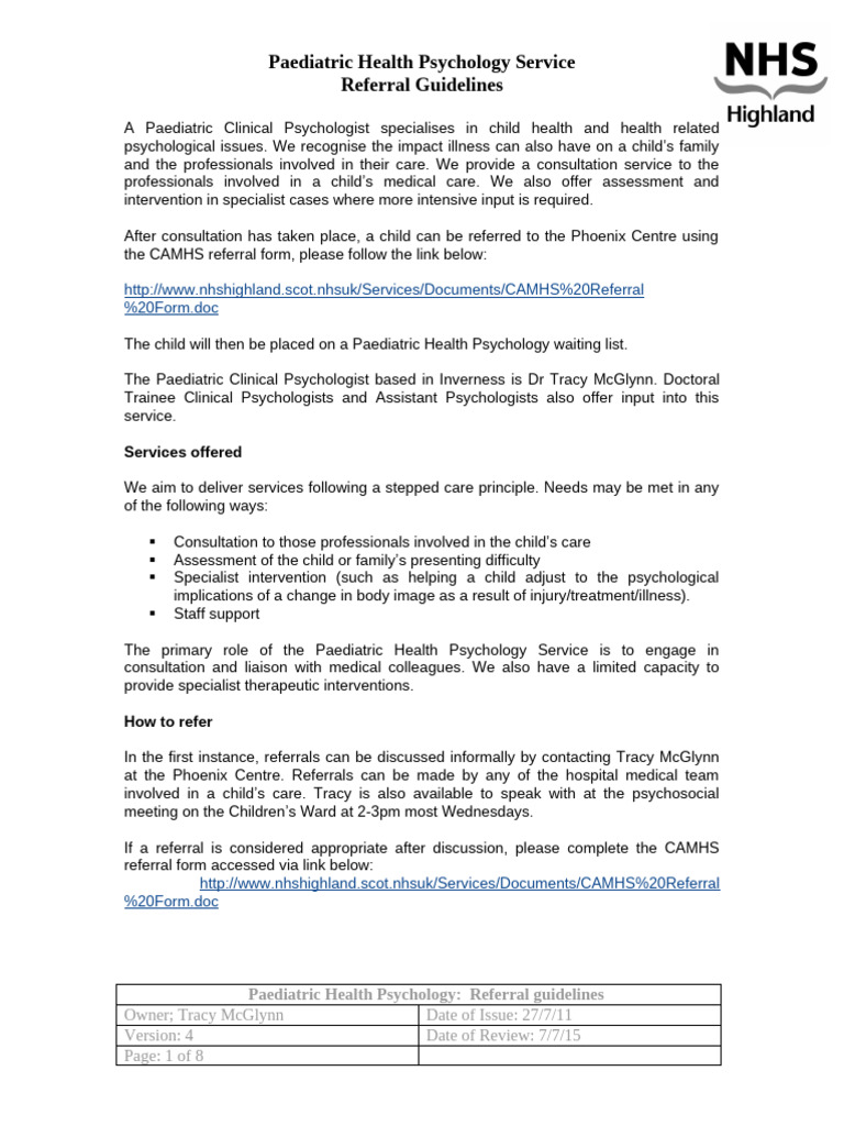 Paediatric Health Psychology Referral Guide | PDF | Health Psychology ...