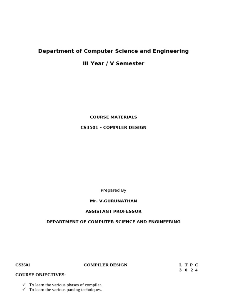 CS3501 Compiler Design Notes - New | PDF | Parsing | Compiler