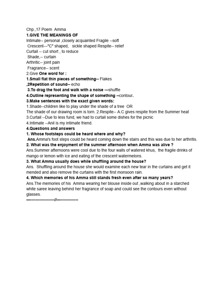 Understanding Amma: Poem Analysis and Vocabulary | PDF