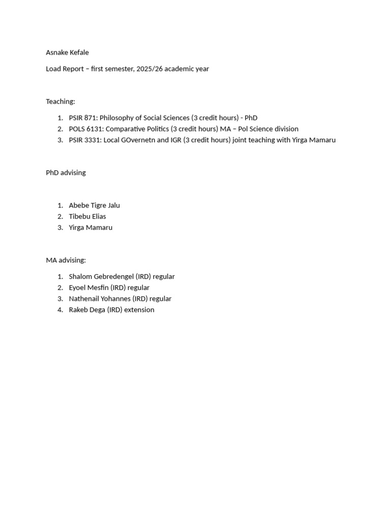 Asnake Kefale - Load Report First Semester 2025-26 | PDF