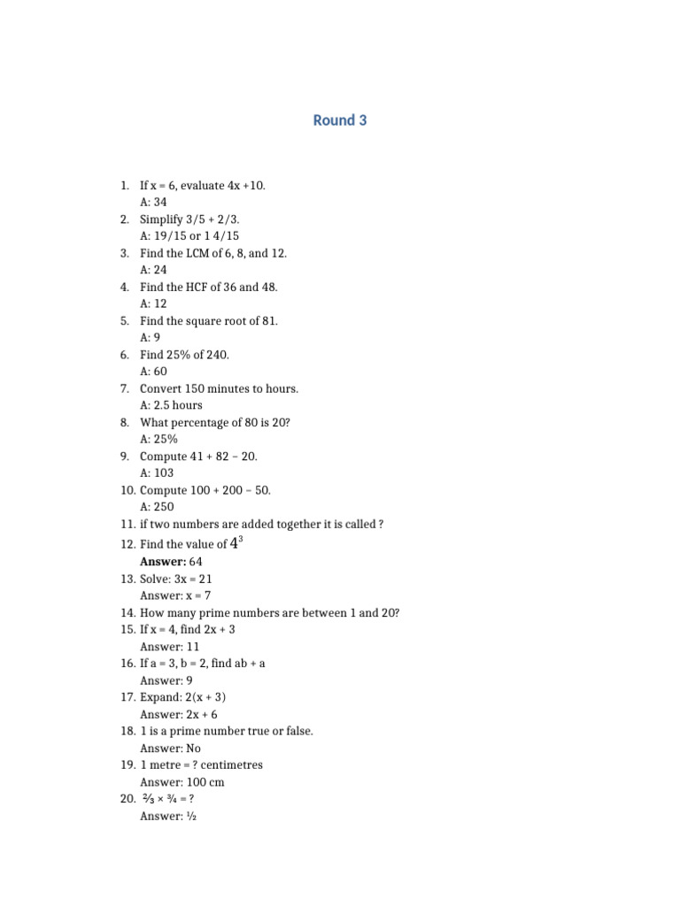 JSS1 Mathematics Quiz Questions & Answers | PDF